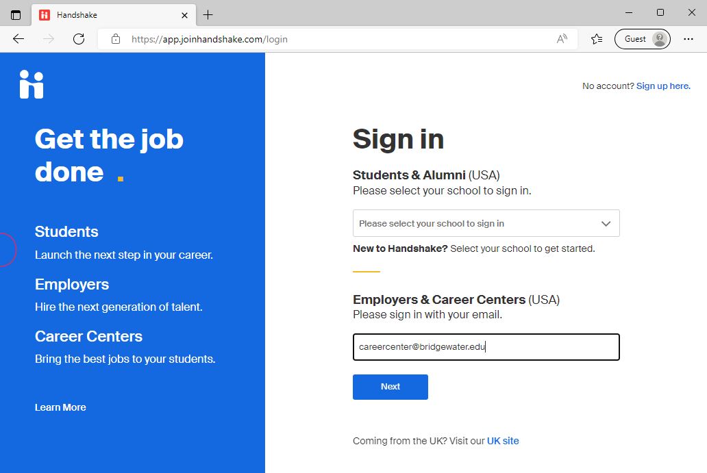 Log in to Handshake for Employees | Bridgewater College